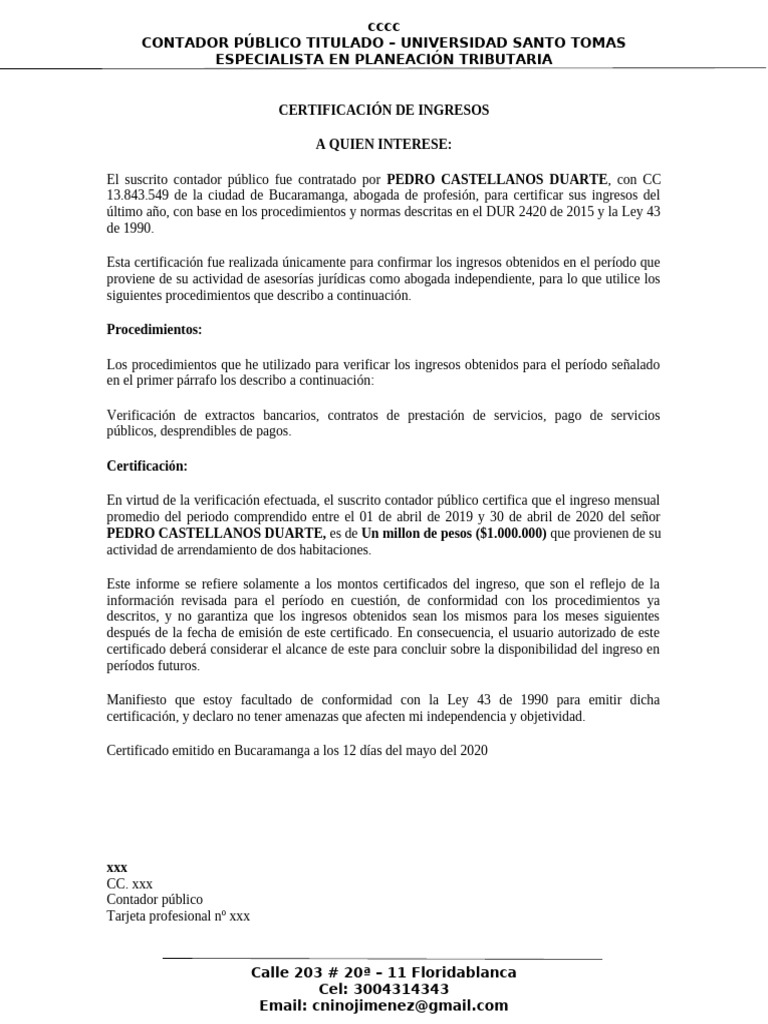 Certificación de Ingresos Lida | PDF