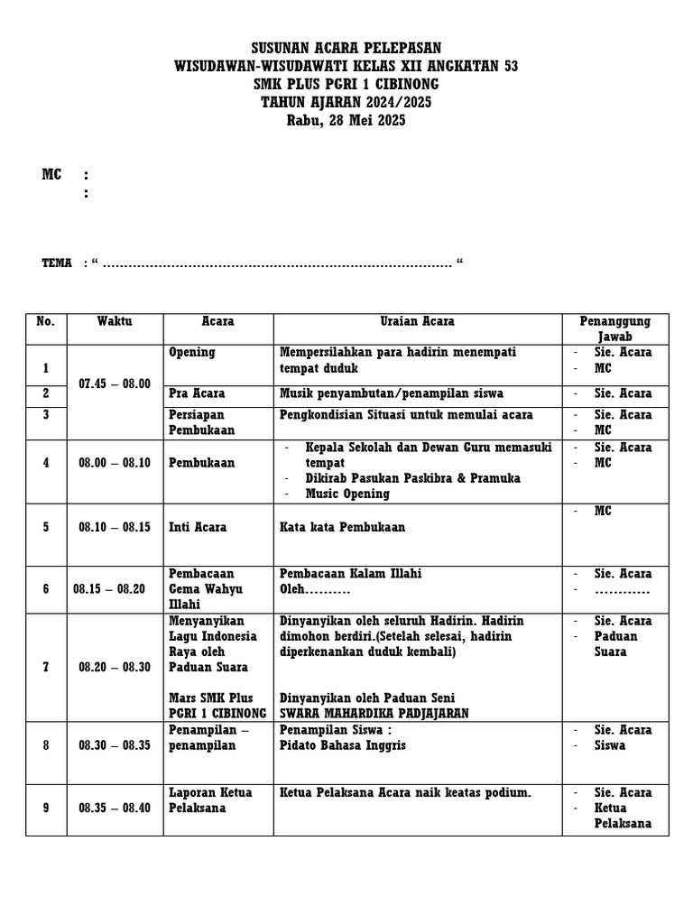 Susunan Acara Wisuda SMK PGRI 1 Cibinong | PDF