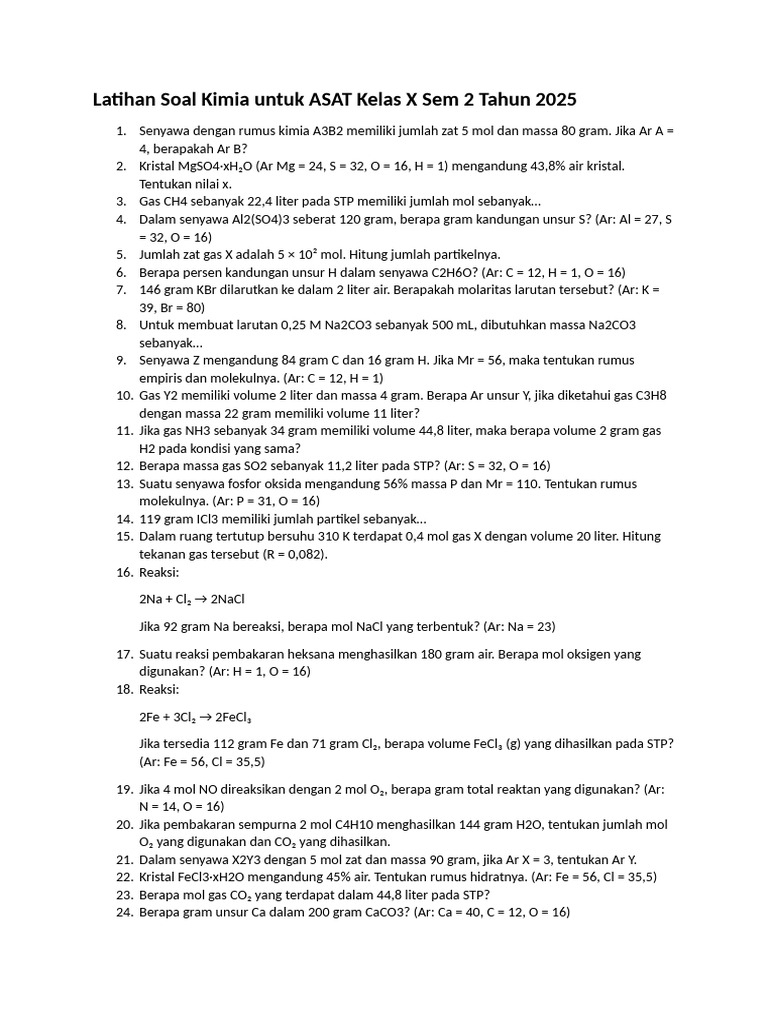 Latihan Soal Kimia Untuk ASAT Kelas X Sem 2 Tahun 2025 | PDF