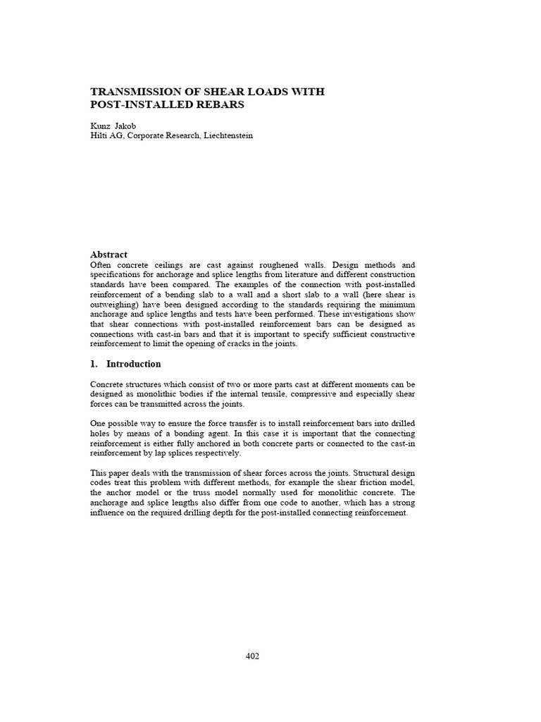 Pro021-040 Transmission of Shear Loads With Post-Installed Rebars | PDF | Fracture | Stress ...