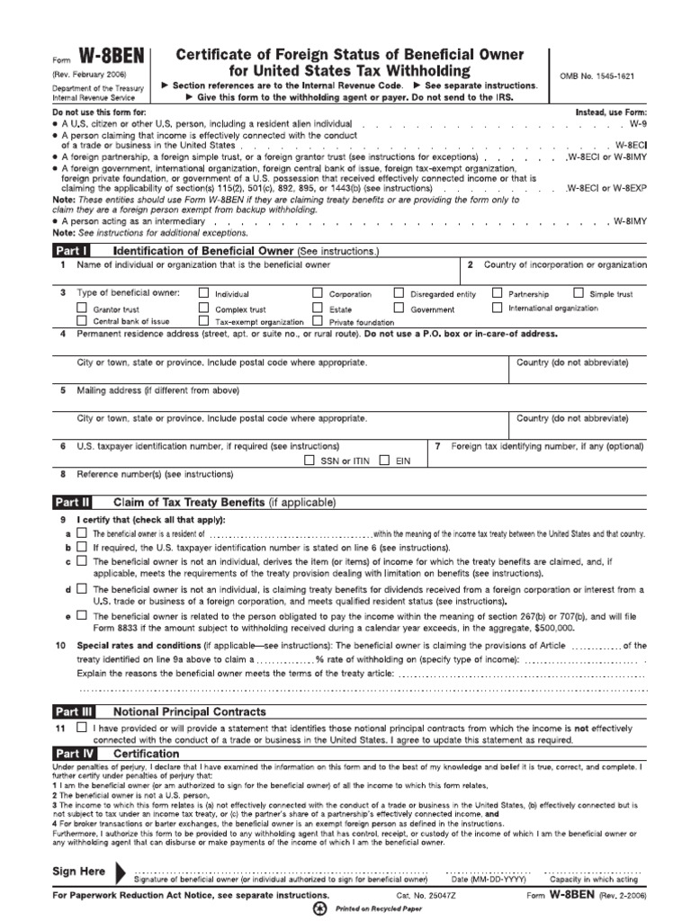 W-8 Form Individual | PDF