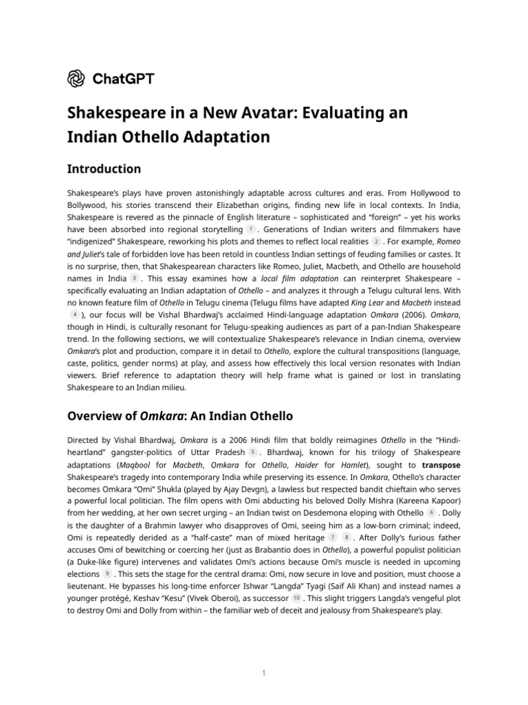 Indian Adaptation of Othello: Omkara | PDF | Othello | Iago