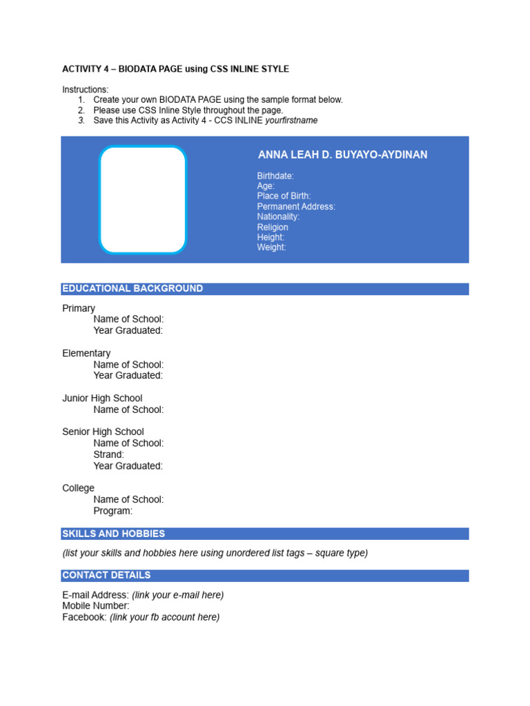 Create a CSS Inline Biodata Page | PDF