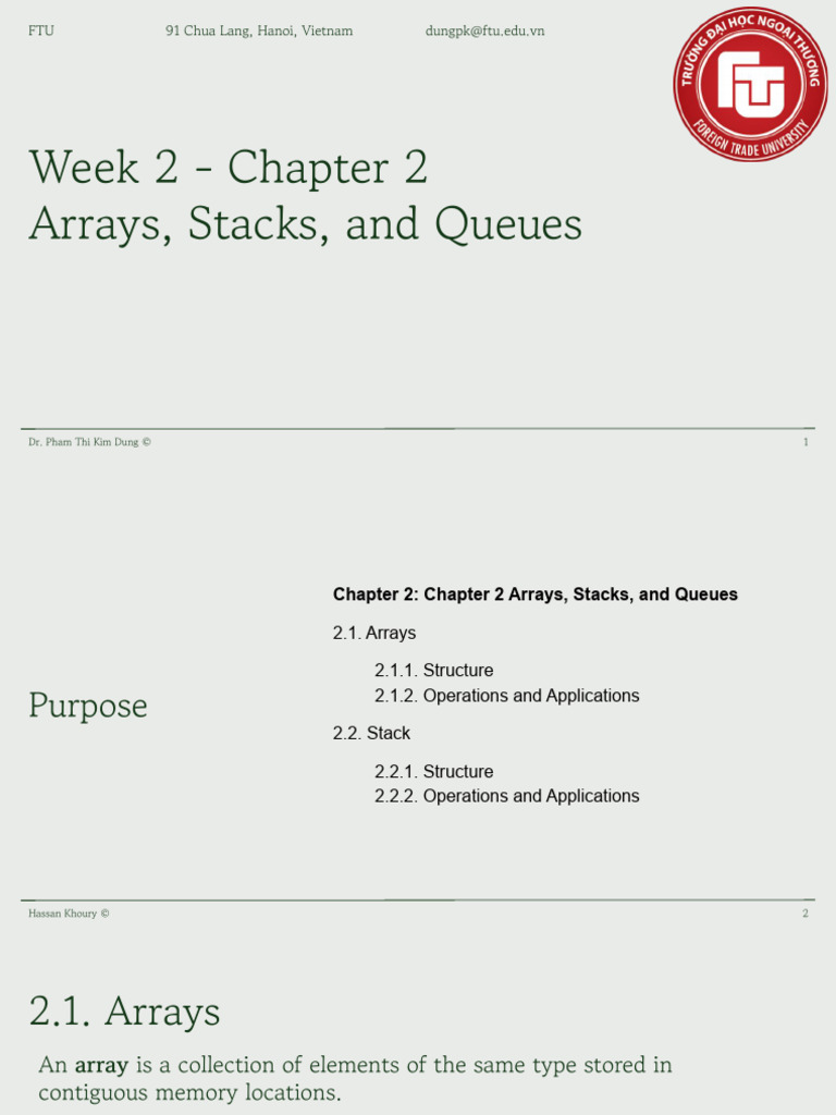 Week 2 - Chapter 2 - Arrays, Stacks, and Queues | PDF