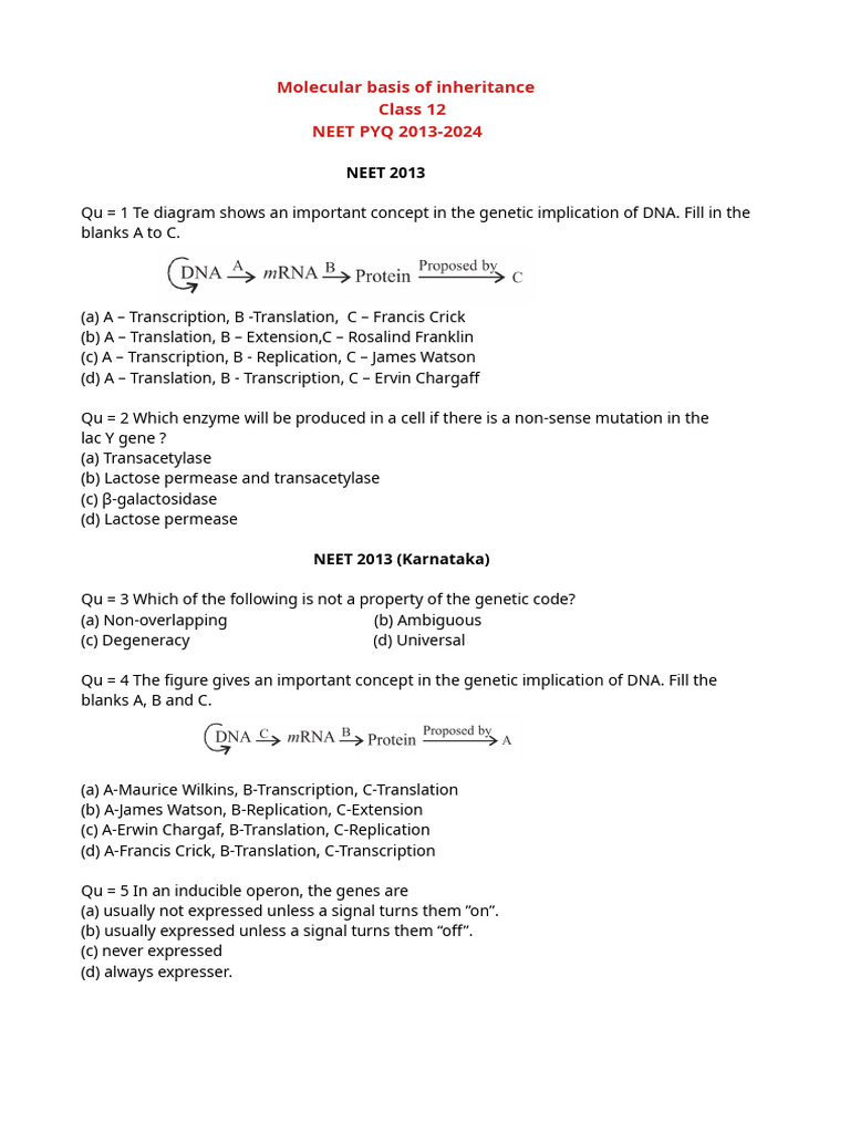 Molecular Basis of Inheritance Class 12 Neet Pyq | PDF | Directionality ...