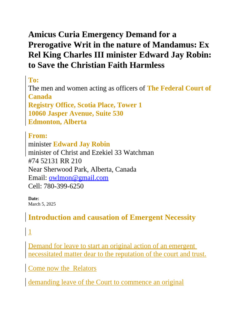 Improved Emergency Demand For A Prerogative Writ of Mandamus Ex Rel King Charles III To Save The ...
