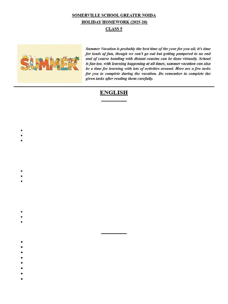 CLASS 5 HOLIDAY HOMEWORK 2025-26-Final | PDF | Earth | Rotation