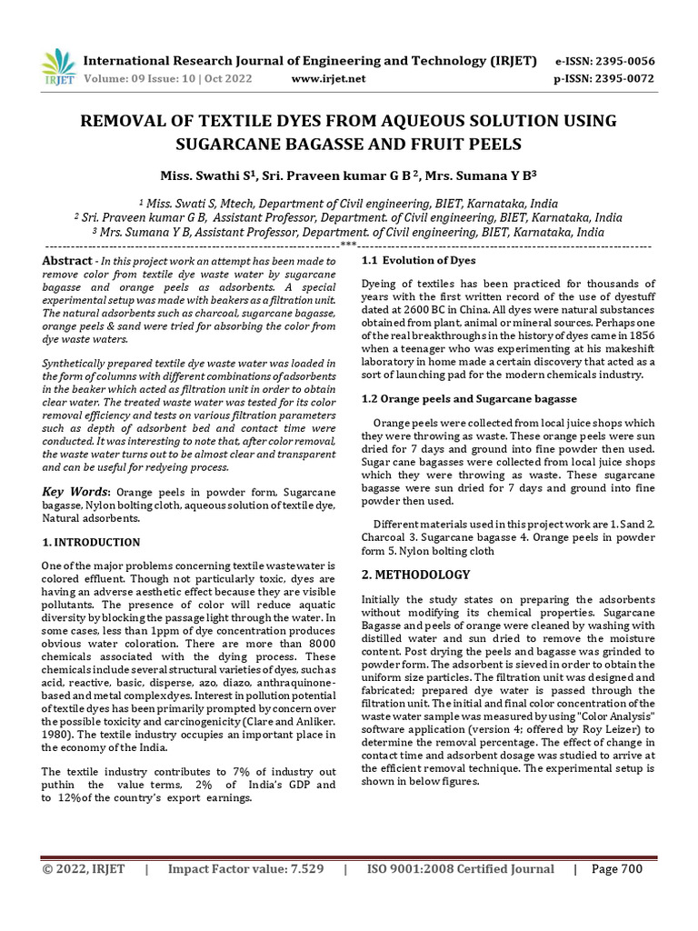 Textile Dye Removal Using Natural Adsorbents | PDF | Adsorption | Dyeing