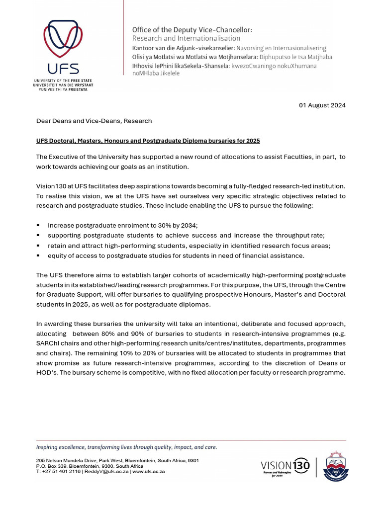 UFS Postgraduate Bursaries 2025 Announcement | PDF | Postgraduate ...