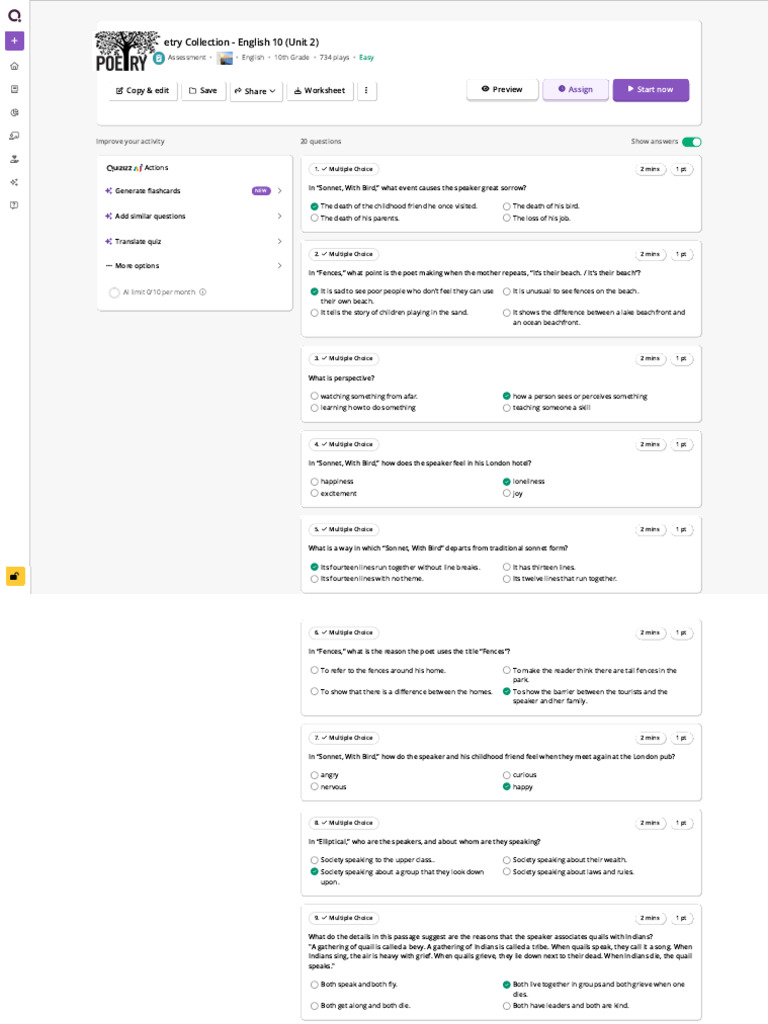 Poetry Collection - English 10 (Unit 2) - Assessment - Quizizz | PDF ...