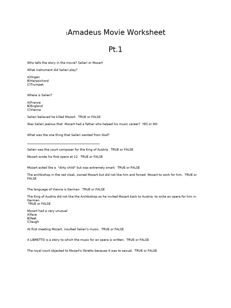 Amadeus Worksheet 5 Parts | PDF | Wolfgang Amadeus Mozart | Opera