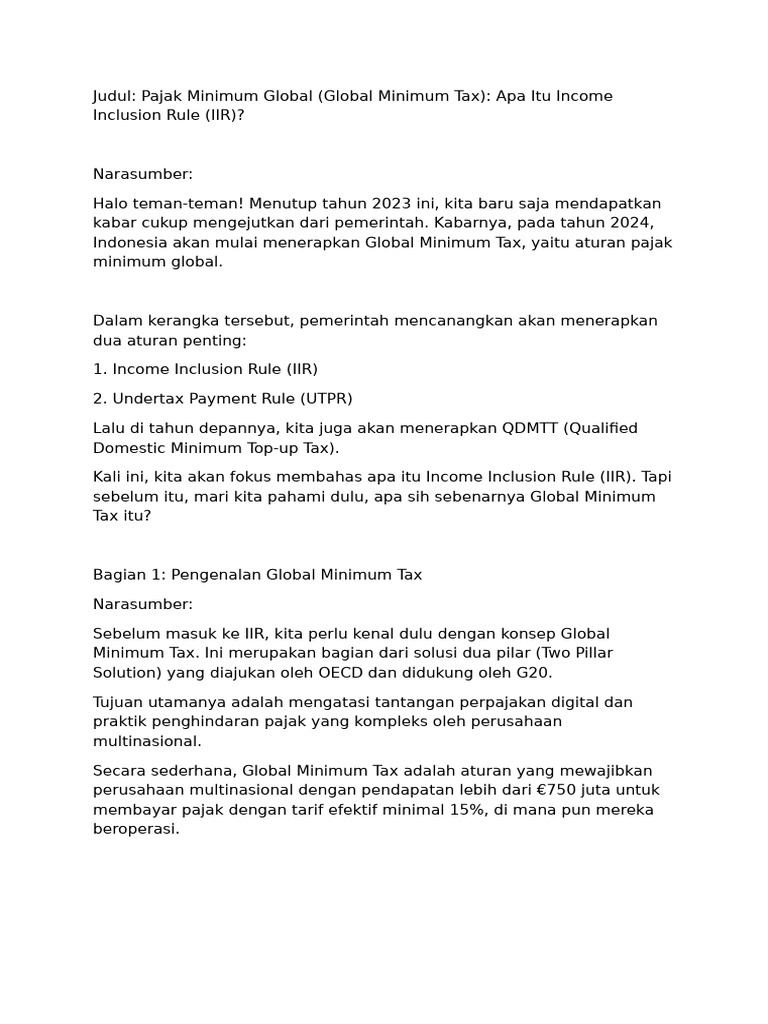 Pajak Minimum Global (Global Minimum Tax) Apa Itu Income Inclusion Rule (IIR) | PDF