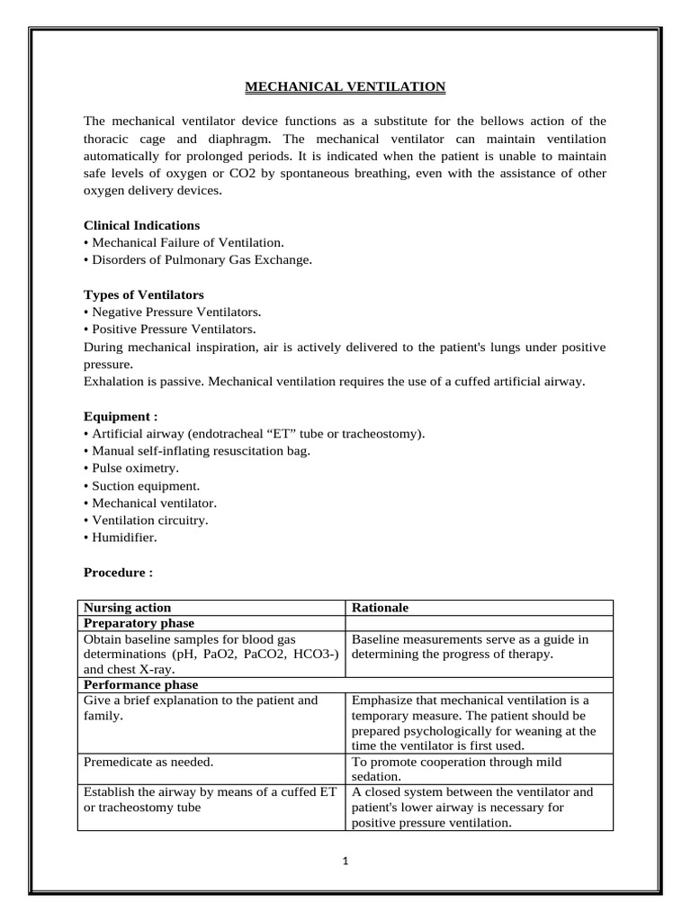 Mechanical Ventilation Overview and Procedures | PDF | Breathing ...