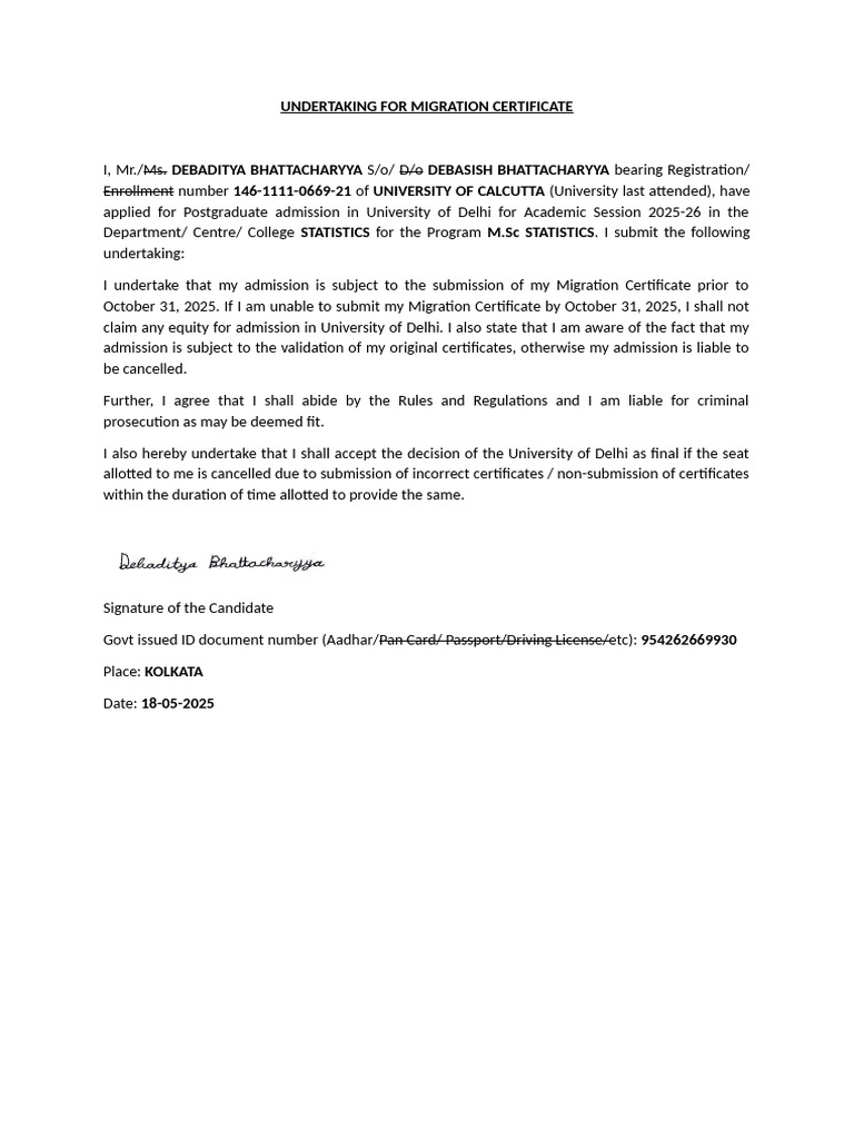 DU Migration Certificate Undertaking 2025 | PDF