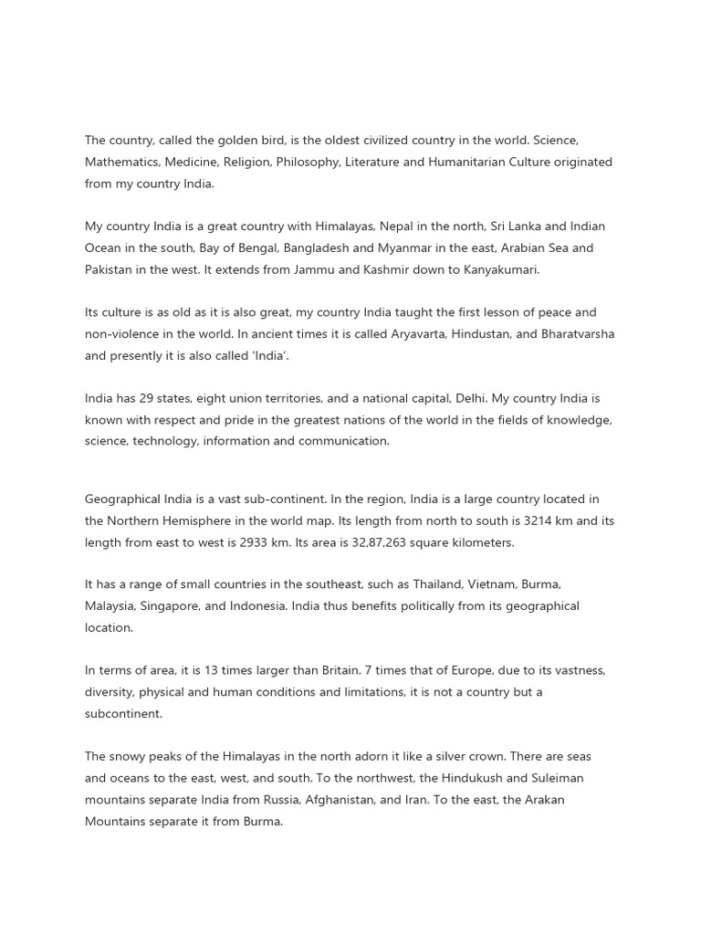 Essay On My Country in English | PDF | Indian Subcontinent | South Asia