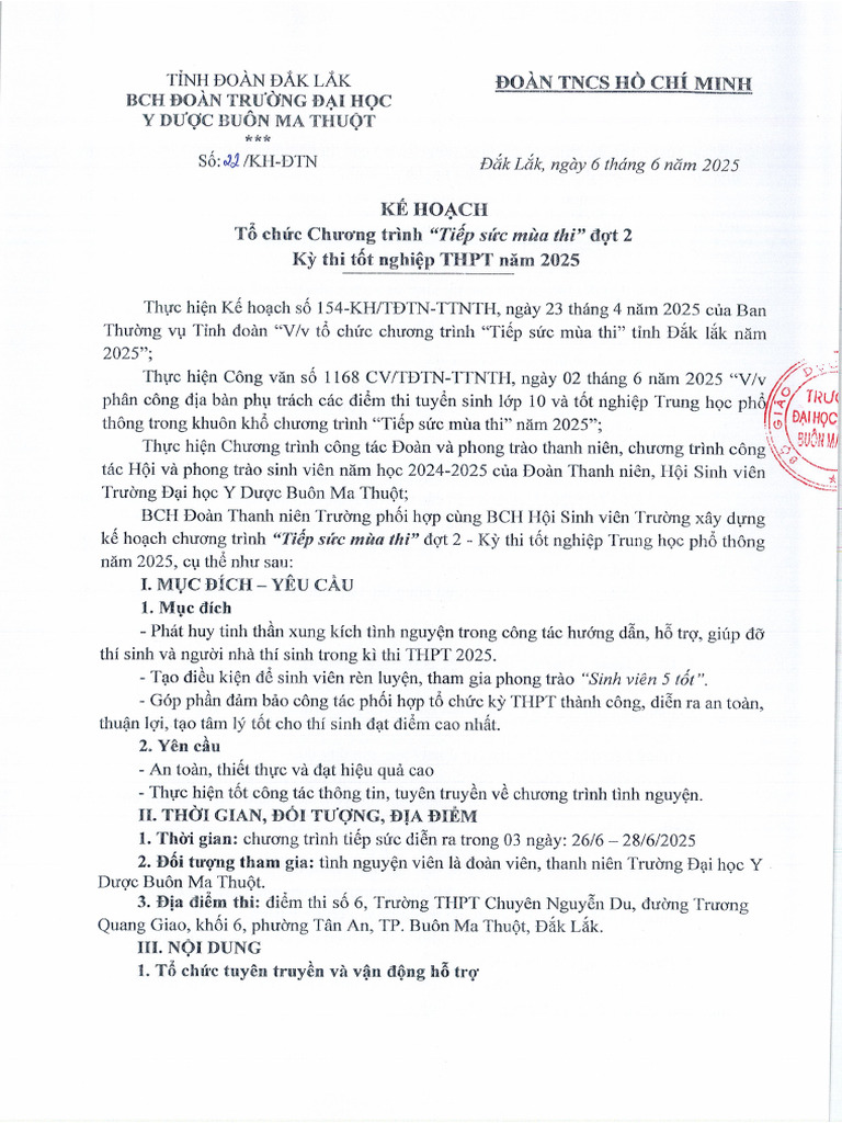 Ke Hoach Tiep Suc Mua Thi 2025 Dot 2 - THPT Chuyen Nguyen Du | PDF