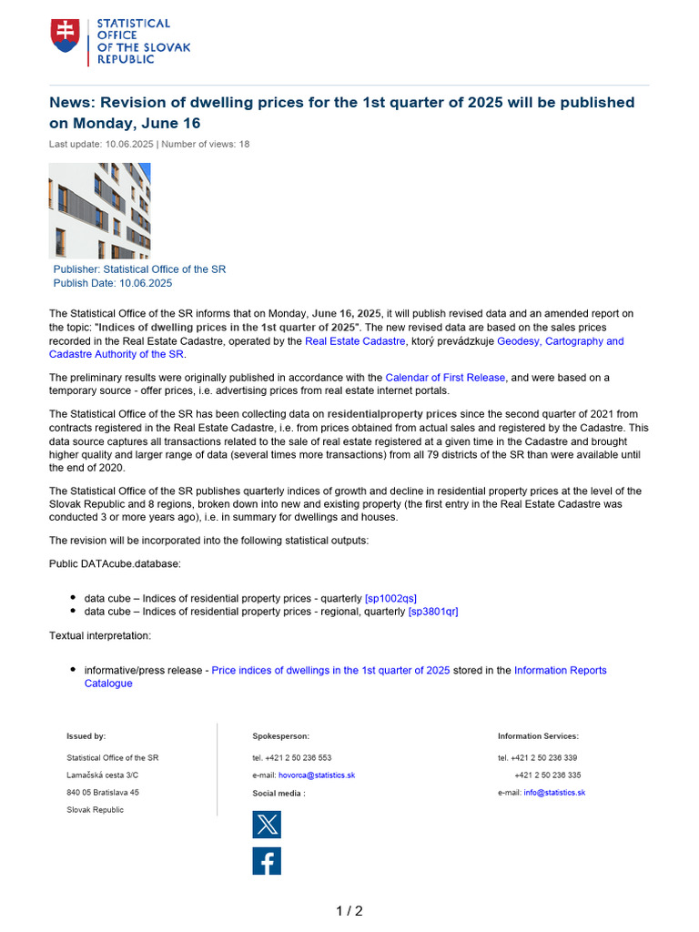 News Revision of Dwelling Prices For The 1st Quarter of 2025 Will Be Published On Monday June 16 ...