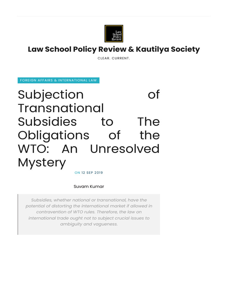 Subjection of Transnational Subsidies To The Obligations of The WTO ...