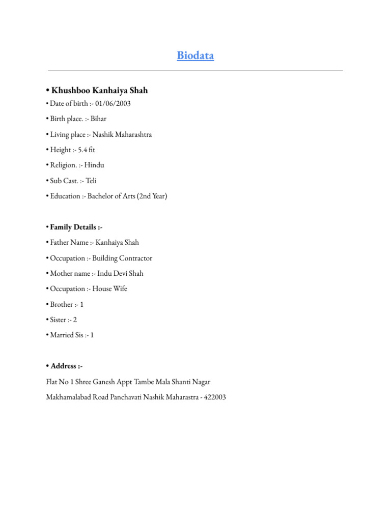 Khushbu Shah Biodata | PDF