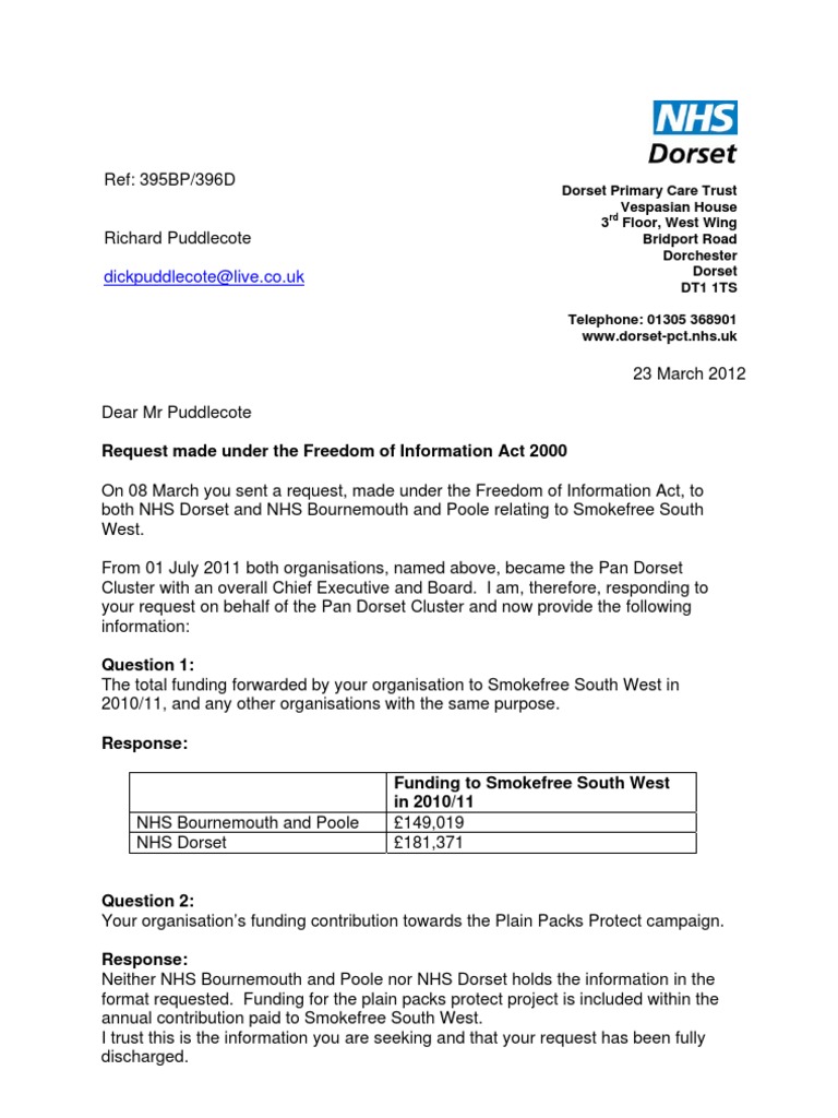 Dorset NHS FOI Response on Smokefree Funding | PDF | National Health ...