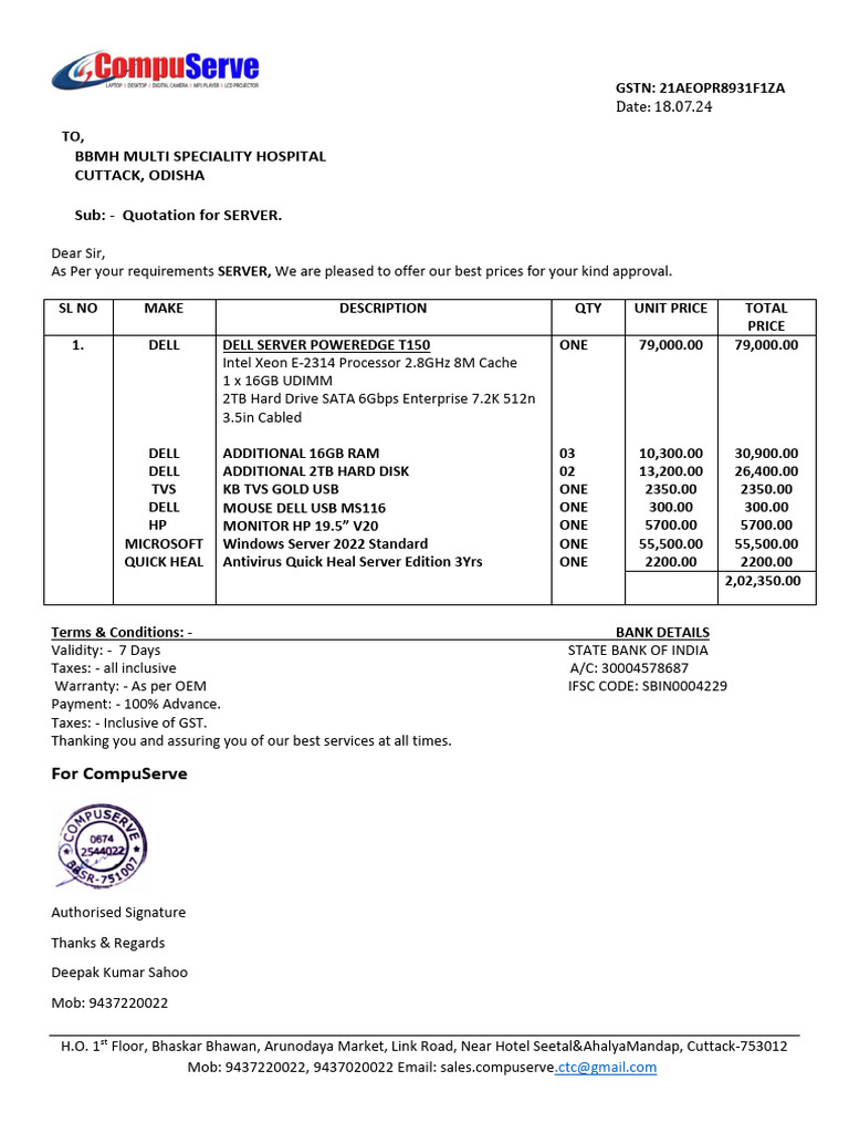 Dell Entry Level Server Quotation | PDF | Computing | Computer Architecture