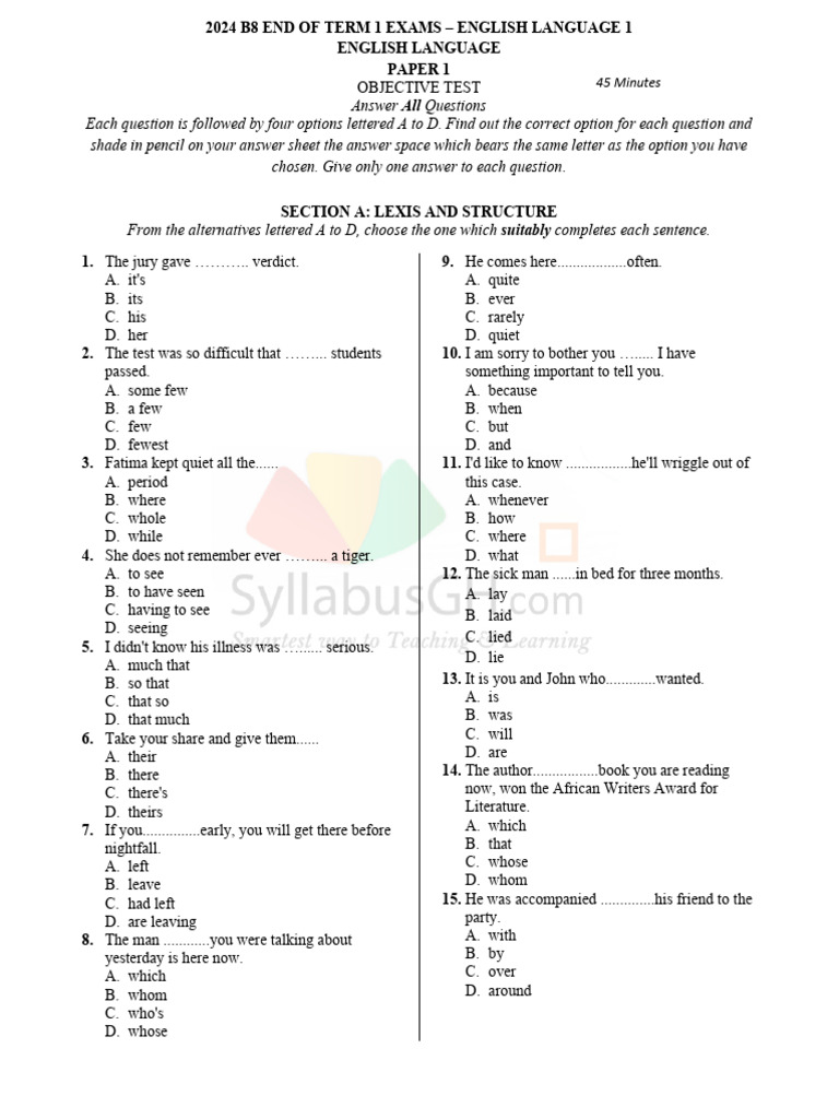 2024 B8 End of Term 1 Exams English Language 1 | PDF | Chess | Chess Theory
