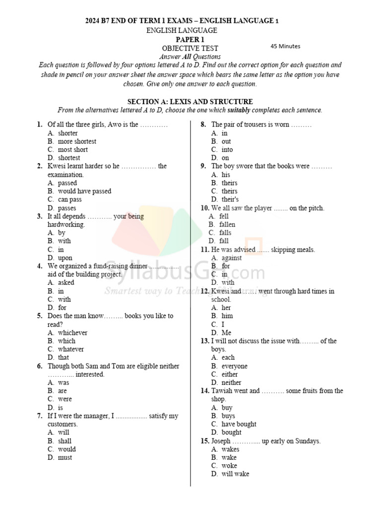 2024 B7 End of Term 1 Exams English Language 1 | PDF