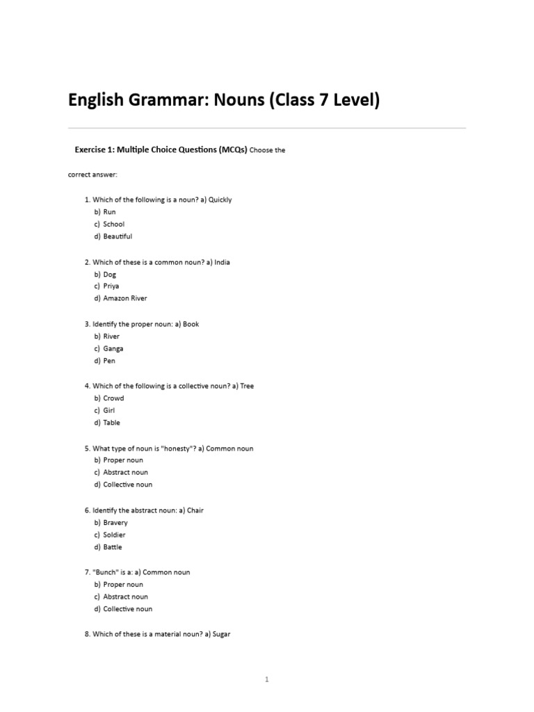 Nouns Class7 Exercises 1 | PDF | Noun | Syntax