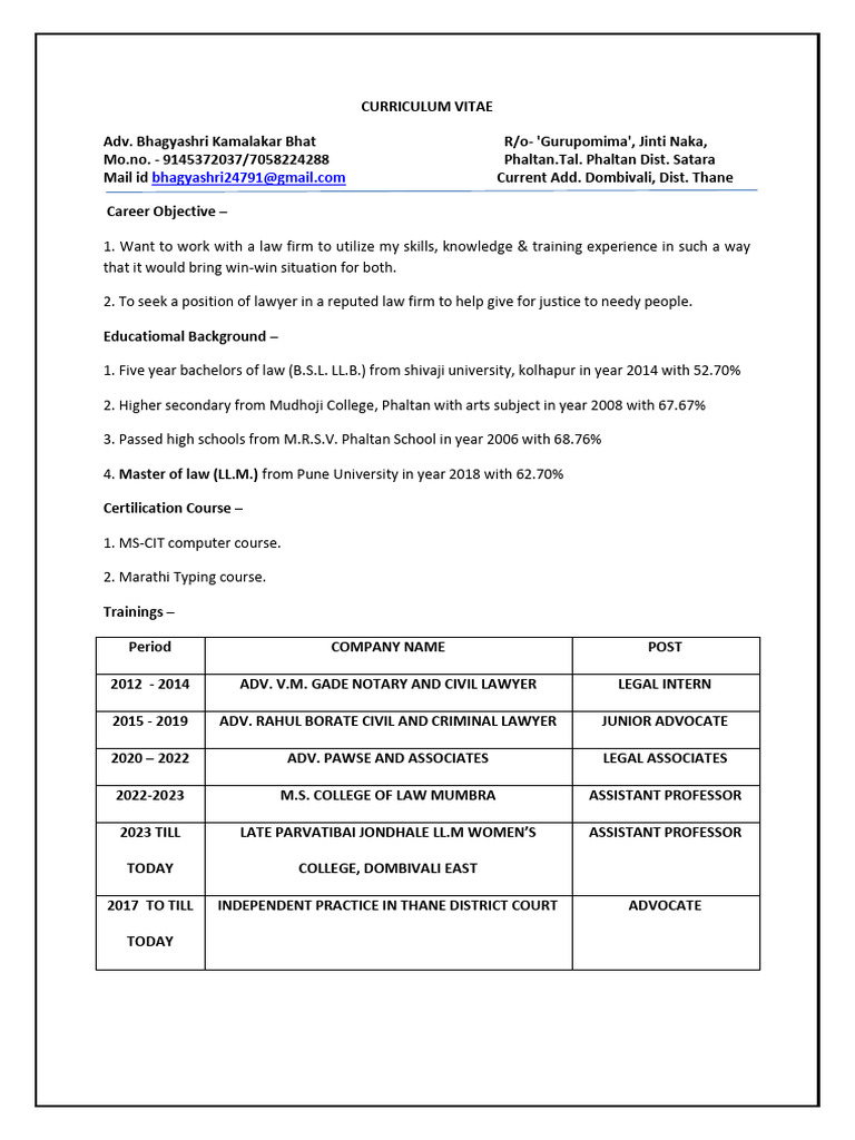 Ad. Bhagyashri Bhat UPDATED CV | PDF | Advocate | Justice