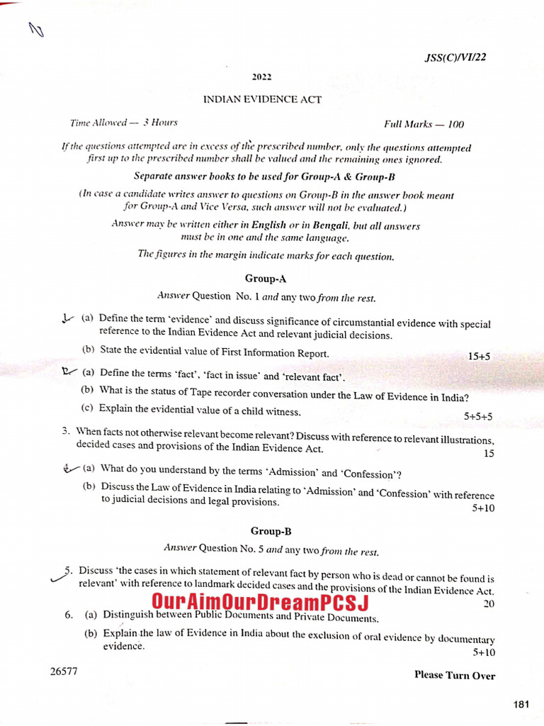 WBJS 2022 (Mains) Evidence Act Paper @OurAimOurDreamPCSJ | PDF