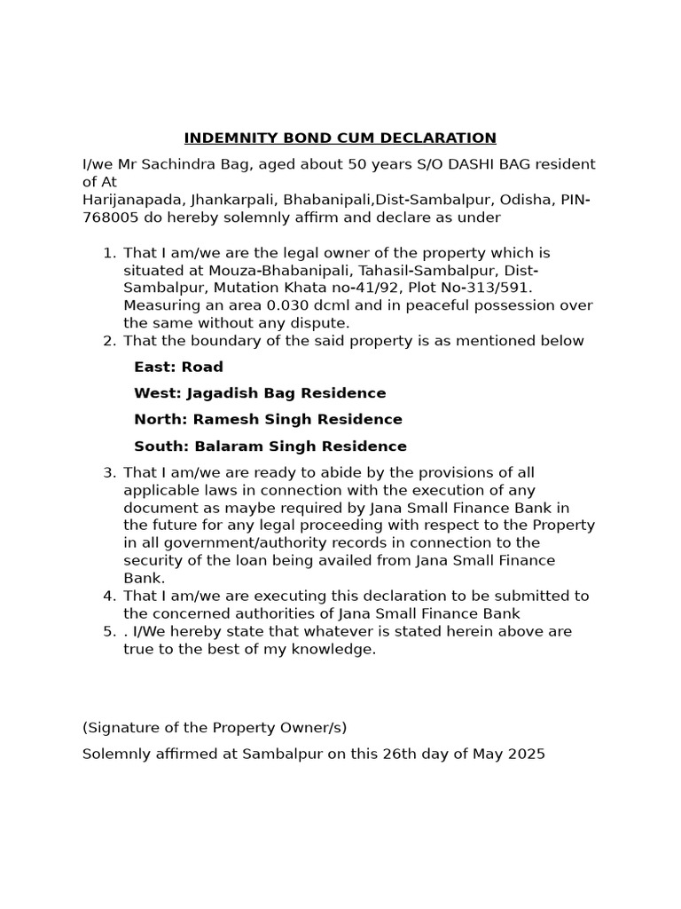Indemnity Bond Cum Declaration | PDF