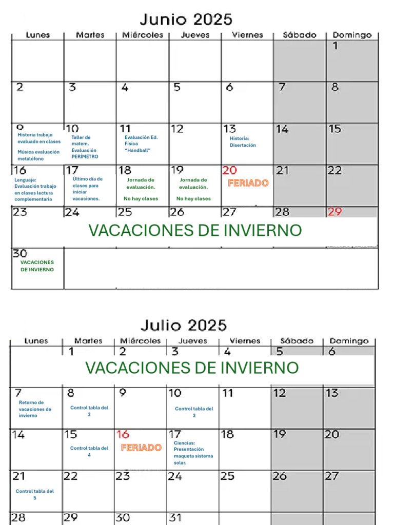 Calendario Junio-Julio MODIFICADO | PDF