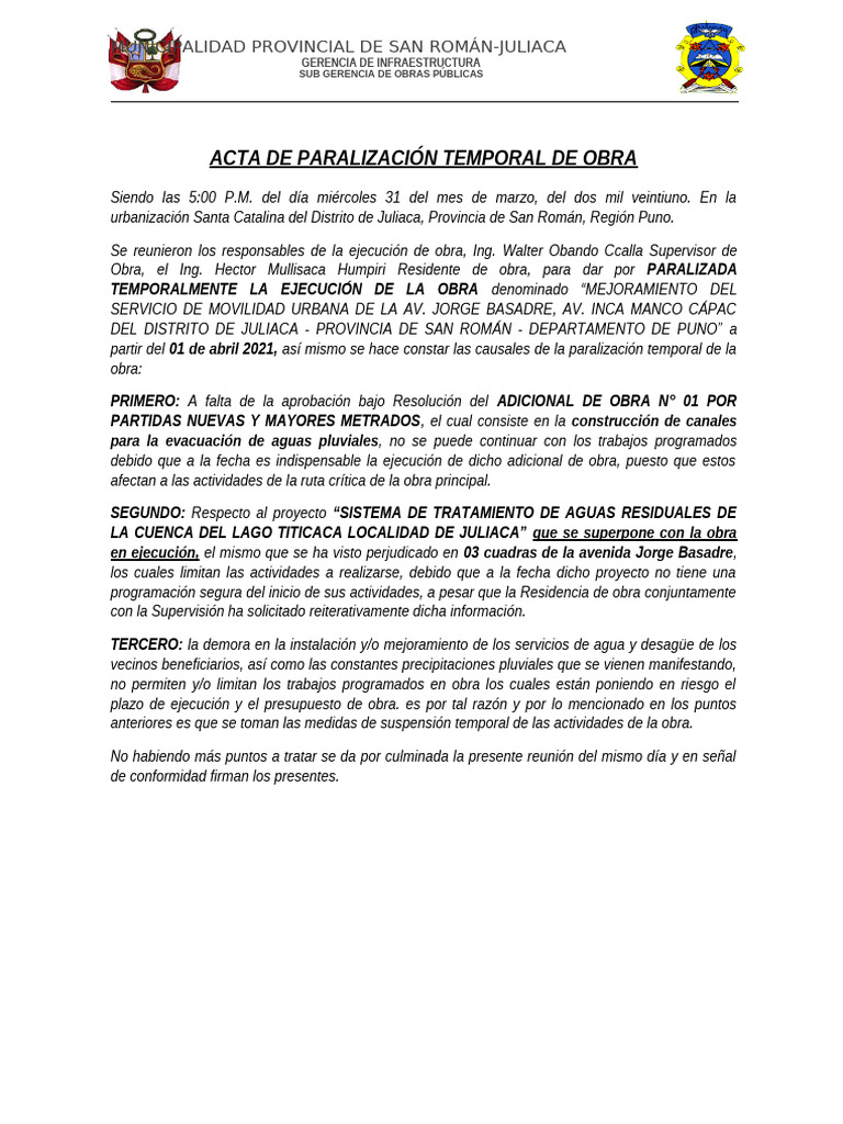 Acta de Paralizacion Temporal de Obra | PDF