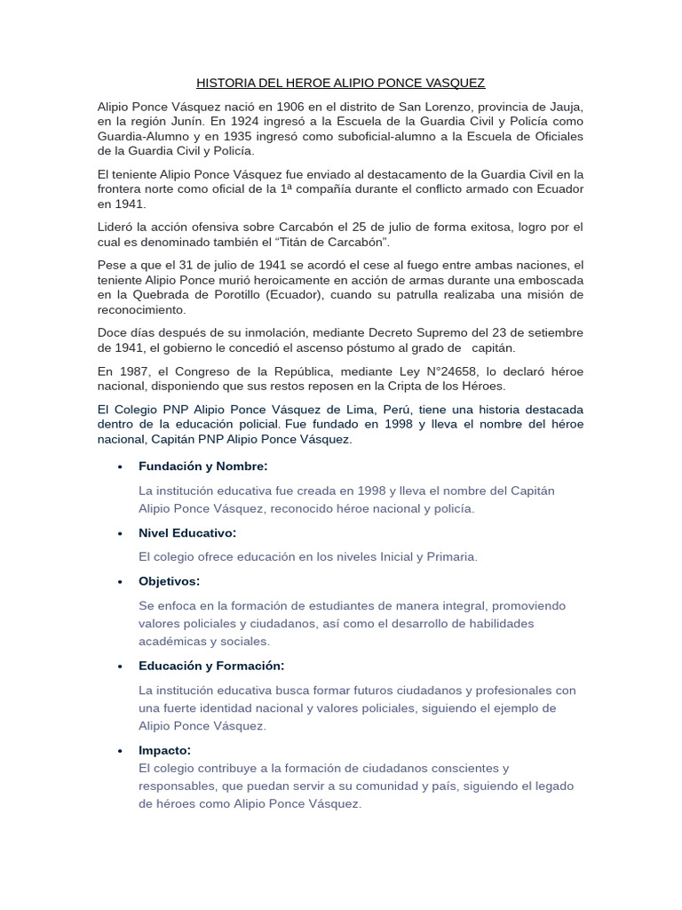 Historia Del Heroe Alipio Ponce Vasquez | PDF
