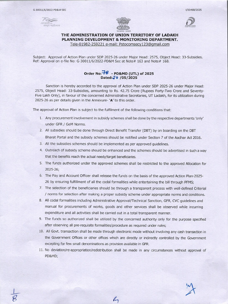 Approval of Action Plan Under SDP 2025-26 Under Major Head 2575 Object Head 33-Subsidies | PDF