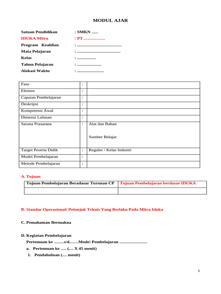 Format Modul Ajar Standar Dudi | PDF