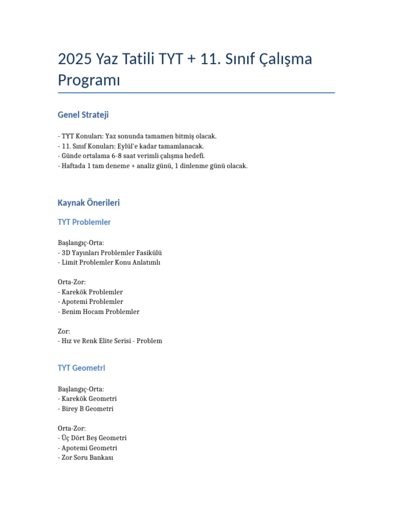 Yaz Tatili Calisma Plani | PDF