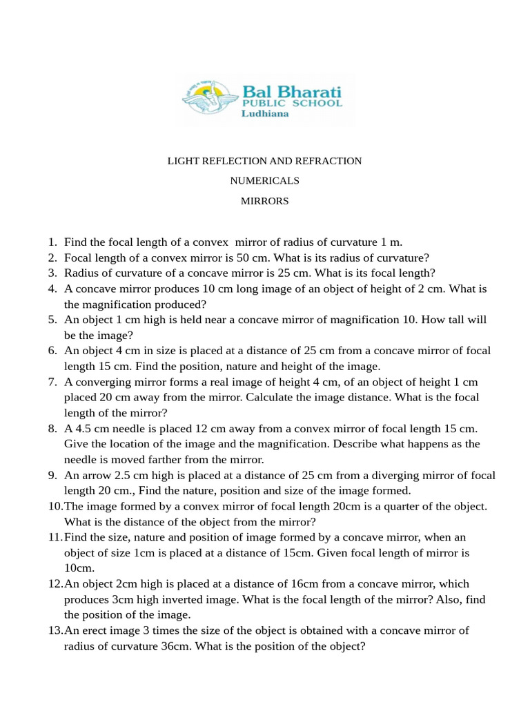 Light Reflection and Refraction Numericals | PDF | Glass Engineering And Science ...
