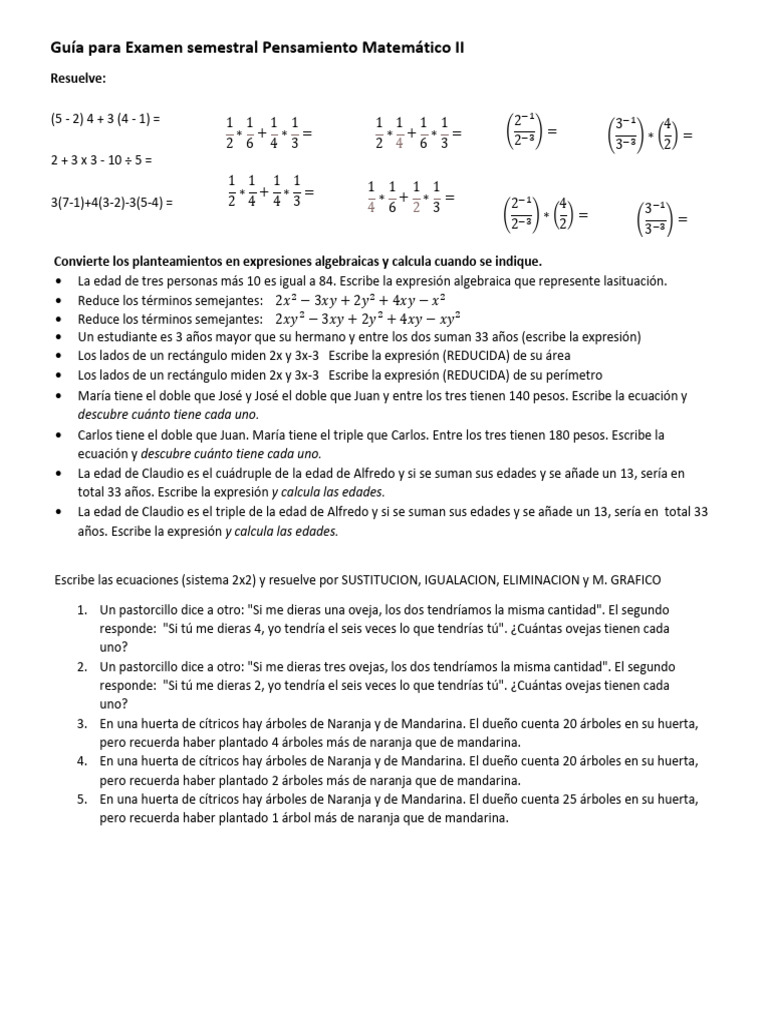 Guia para Examen Semestral Pensamiento Matem-Tico II (GRAL) (25.1 Gu-A) | PDF | Matemáticas ...
