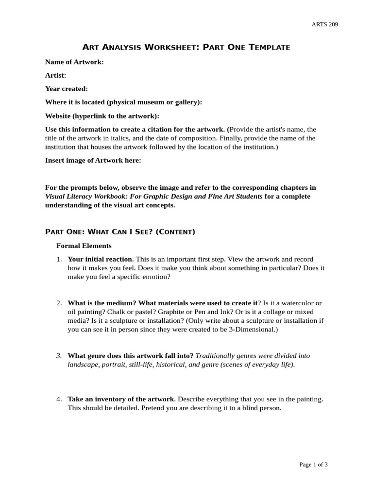 Art Analysis Worksheet Part One Template | PDF | Composition (Visual Arts) | Paintings
