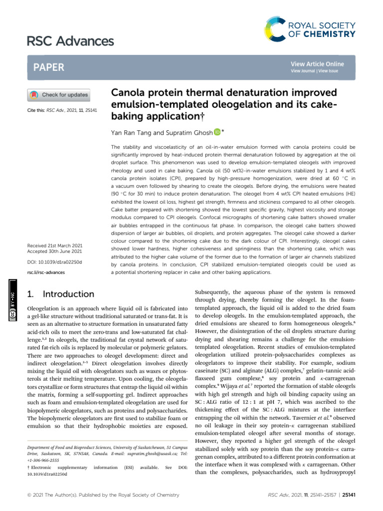 Canola Protein Thermal Denaturation Improved Emulsion Templated ...