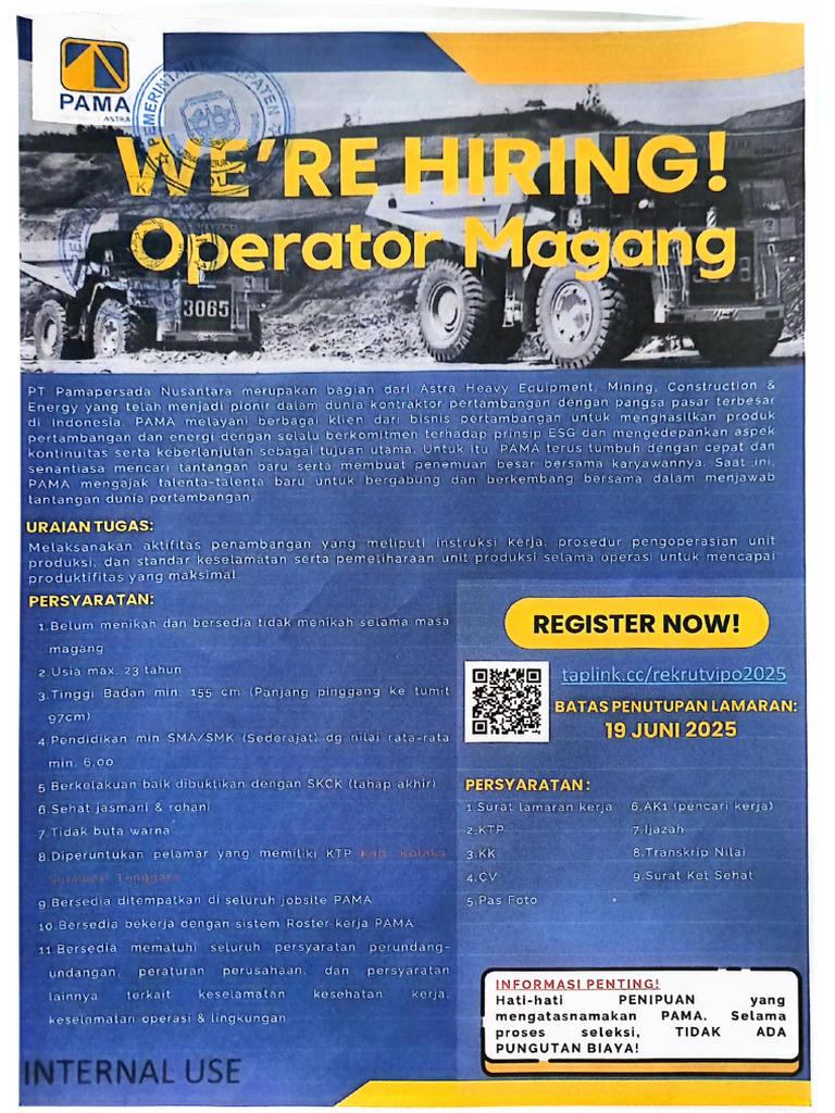 Scan Rekrutment PT Pamapersada Nusantara Cap Dinas Tenaga Kerja | PDF