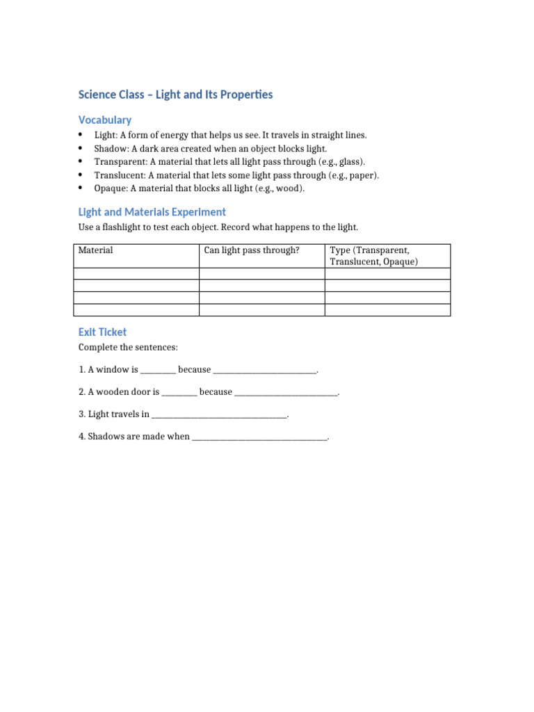 Science Lesson Light and Properties | PDF