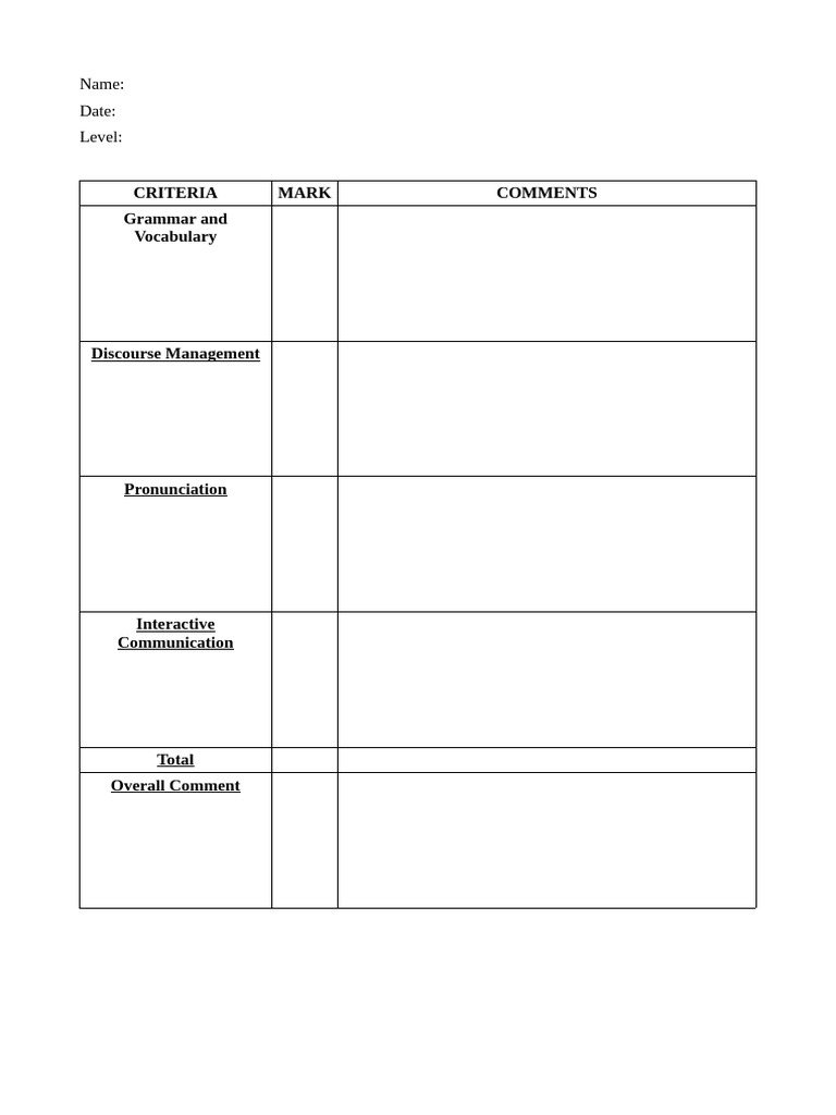 Speaking Exam Feedback Sheet | PDF