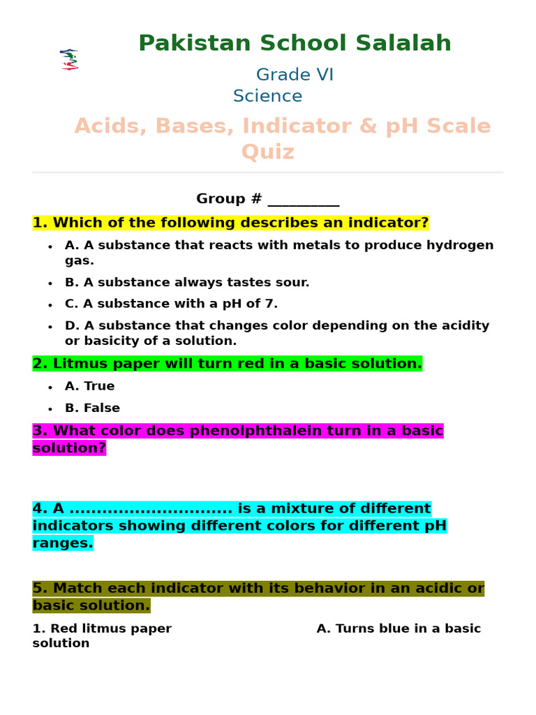 Grade VI Science Quiz: Acids & Bases | PDF