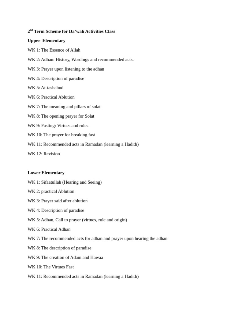 Dawah Activities Schedule 2nd Term | PDF