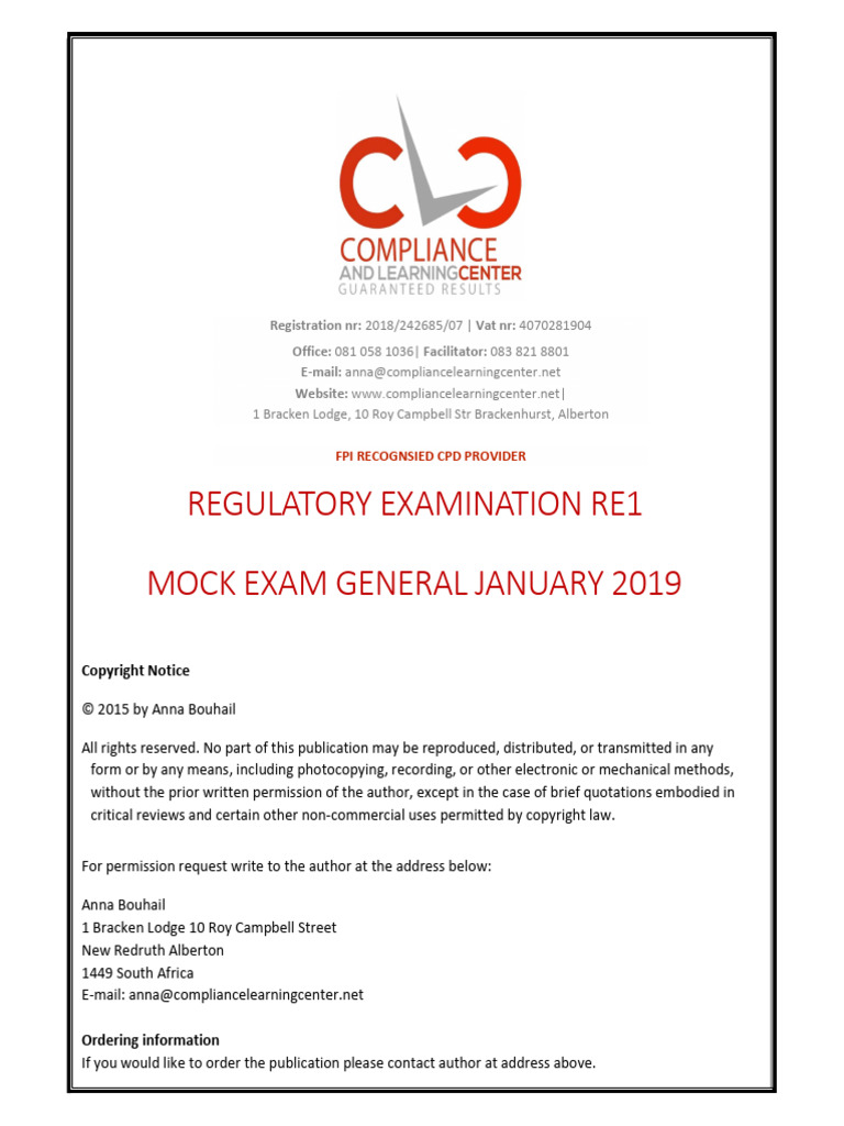 FAIS Act RE1 Mock Exam Questions | PDF | Regulatory Compliance | Audit