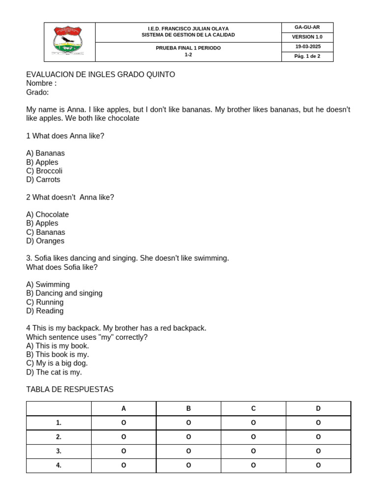 Evaluacion Ingles | PDF