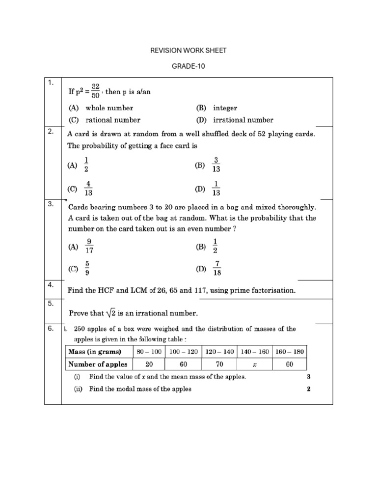 Revision Worksheet Grade 10 | PDF