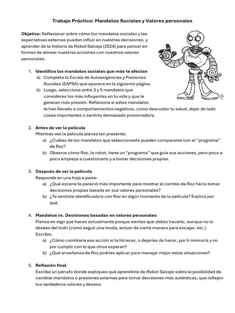 TP Mandatos Sociales y Robot Salvaje | PDF | Autoestima | Conceptos ...